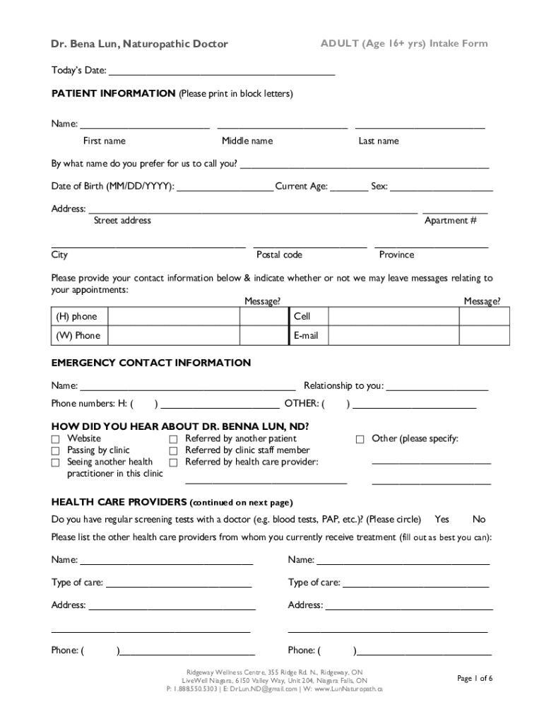 Fillable Online Dr. Bena Lun, Naturopathic Doctor ADULT (Age 16+ yrs ...