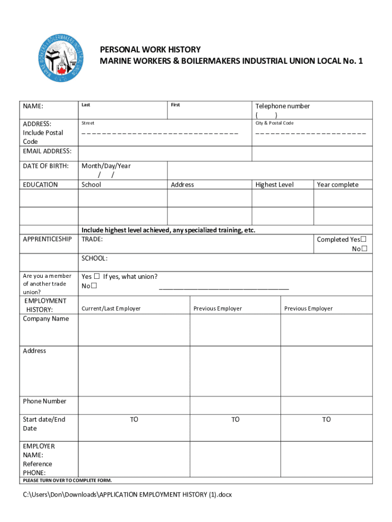 Fillable Online PERSONAL WORK HISTORY MARINE WORKERS & BOILERMAKERS ...