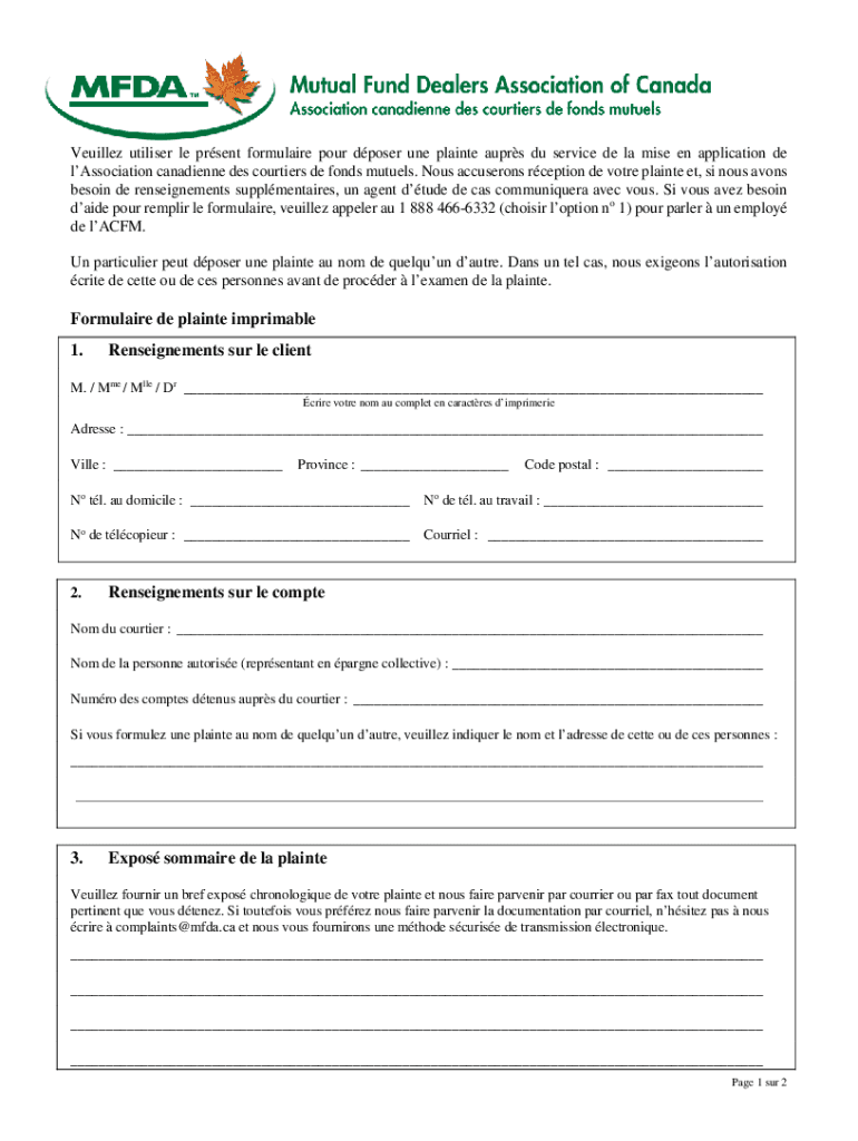 Remplissable En Ligne Formulaire de plainte imprimable de l'ACFM Fax Email Imprimer - pdfFiller