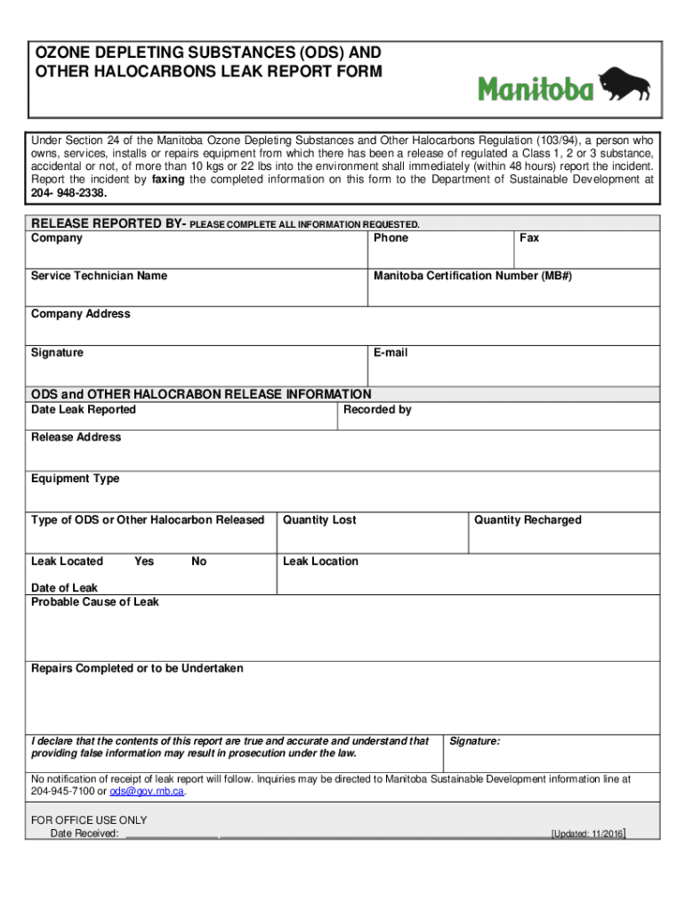 Fillable Online OZONE DEPLETING SUBSTANCES (ODS) AND OTHER HALOCARBONS LEAK ... Fax Email Print ...