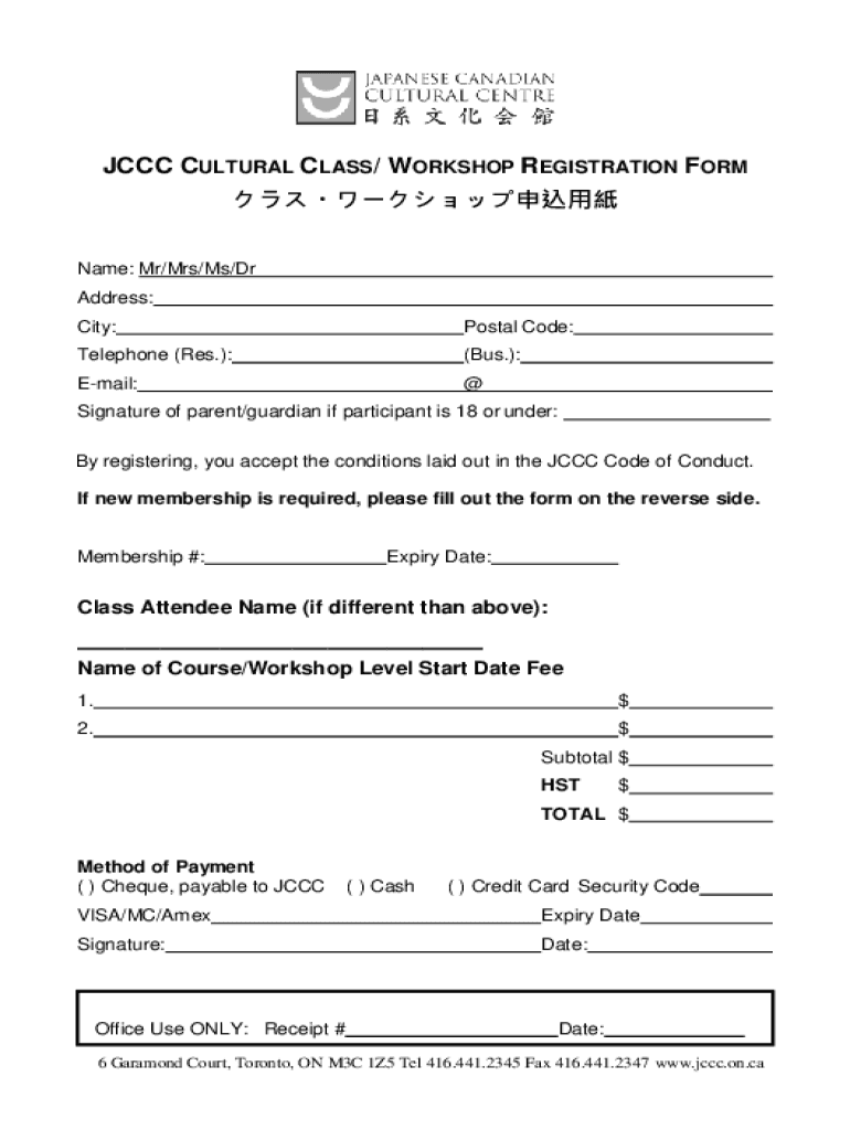 Fillable Online jccc on JCCC CULTURAL CLASS/ WORKSHOP REGISTRATION FORM ...