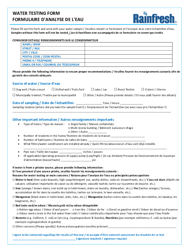 Fillable Online SAMPLING AND TESTING Potable (drinking) water must be ...