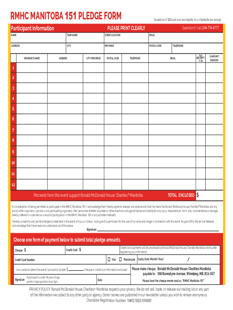 Fillable Online RMHC MANITOBA 151 PLEDGE FORM Fax Email Print - pdfFiller