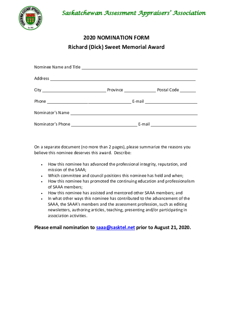 Fillable Online 2020 NOMINATION FORM Richard (Dick) Sweet Memorial Award Fax Email Print - pdfFiller