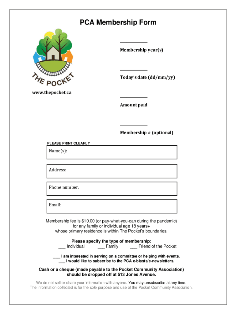Fillable Online PCA Membership Form - thepocket.ca Fax Email Print ...