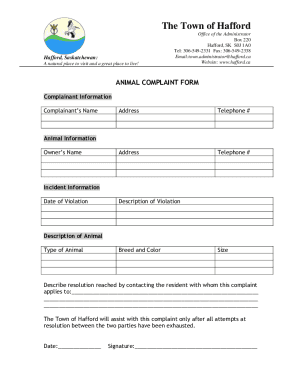 Fillable Online ANIMAL COMPLAINT FORM - TOWN OF HAFFORD Fax Email Print ...