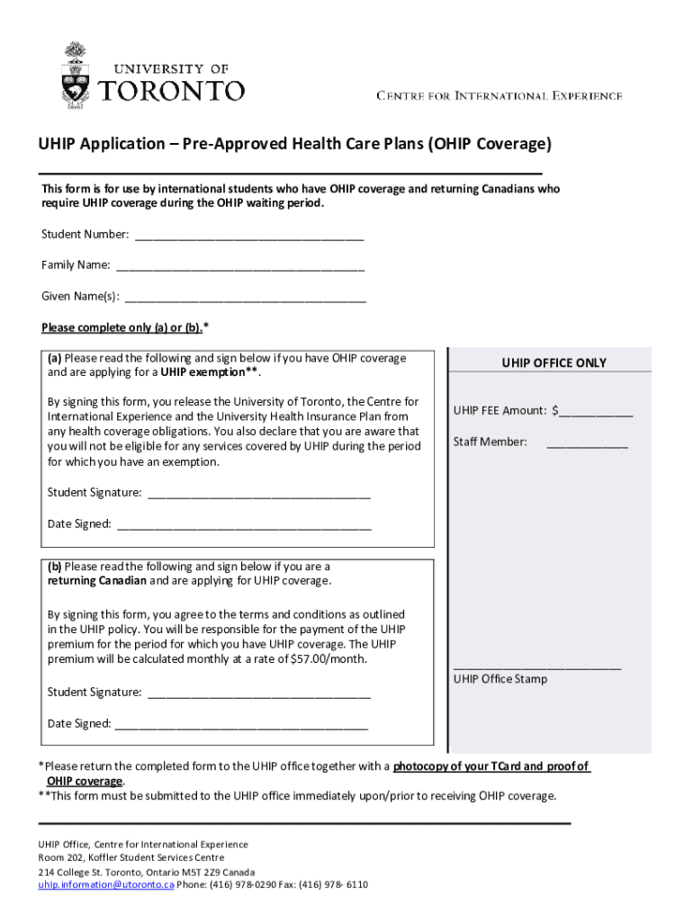 Fillable Online studentlife utoronto UHIP ApplicationPre-Approved Health Care Plans (OHIP ...