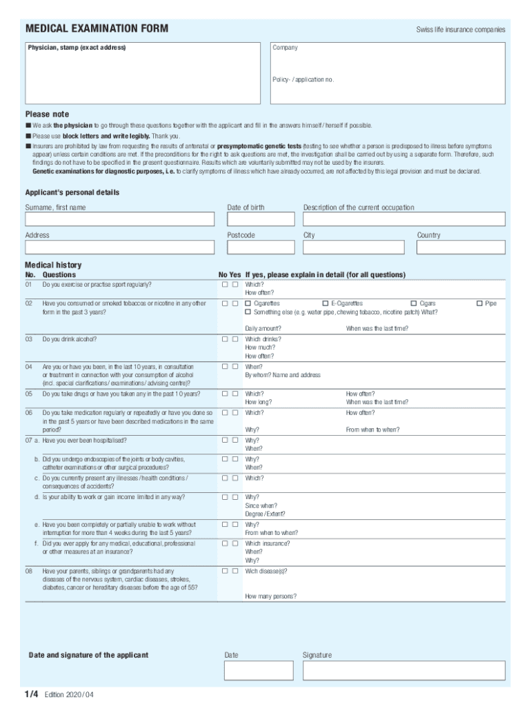 Fillable Online MEDICAL EXAMINATION FORM Swiss life insurance companies ...