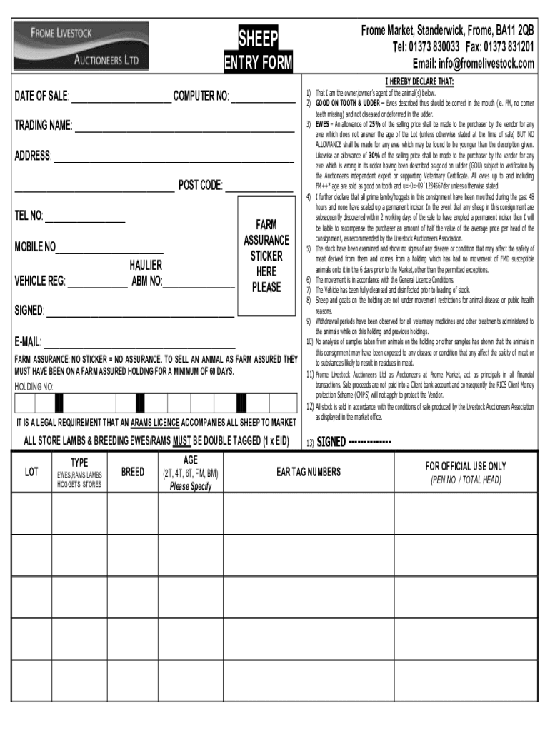Fillable Online STORE CATTLE ENTRY FORM - Frome Livestock Auctioneers ...