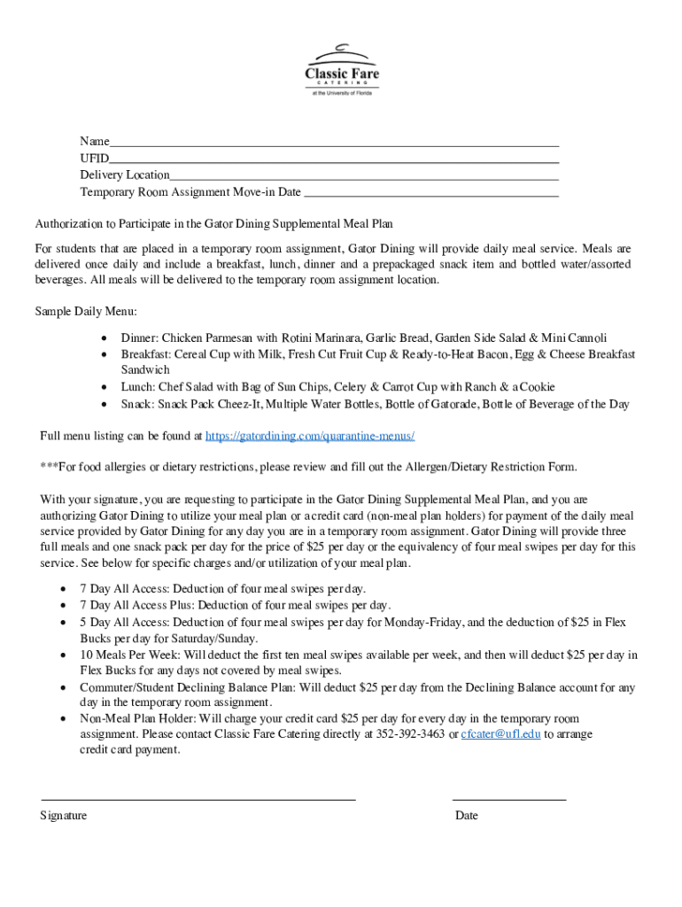 Fillable Online Supplemental Meal Plan Payment Authorization form W ...