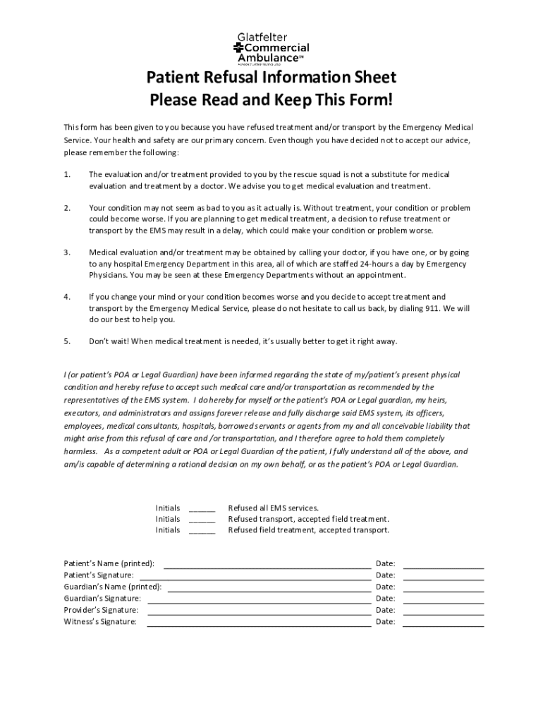 Fillable Online Patient Refusal Information Sheet Please Read and Keep ...