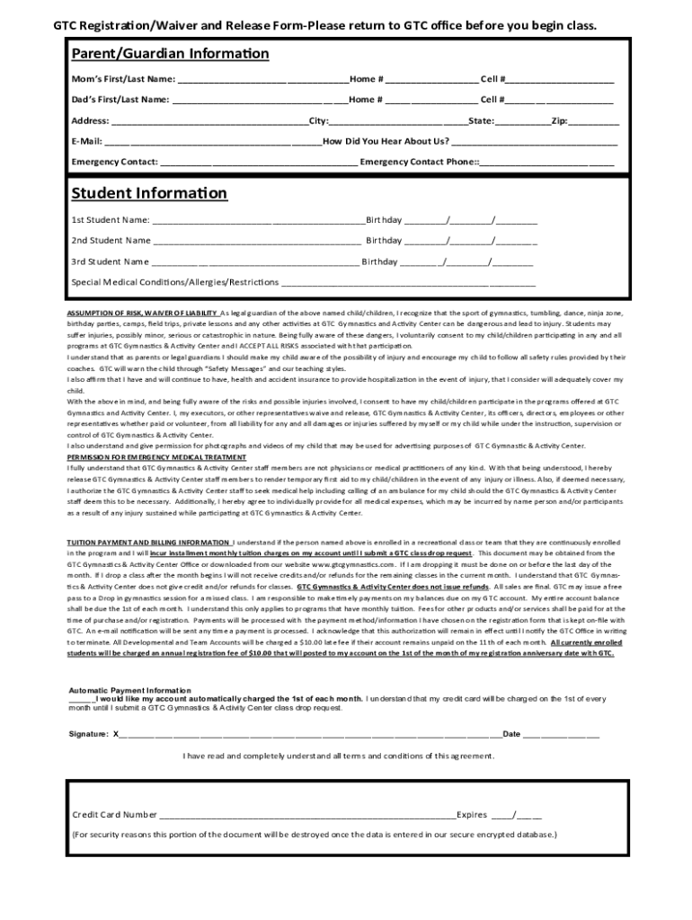 Fillable Online GTC Registration/Waiver and Release Form-Please return ...