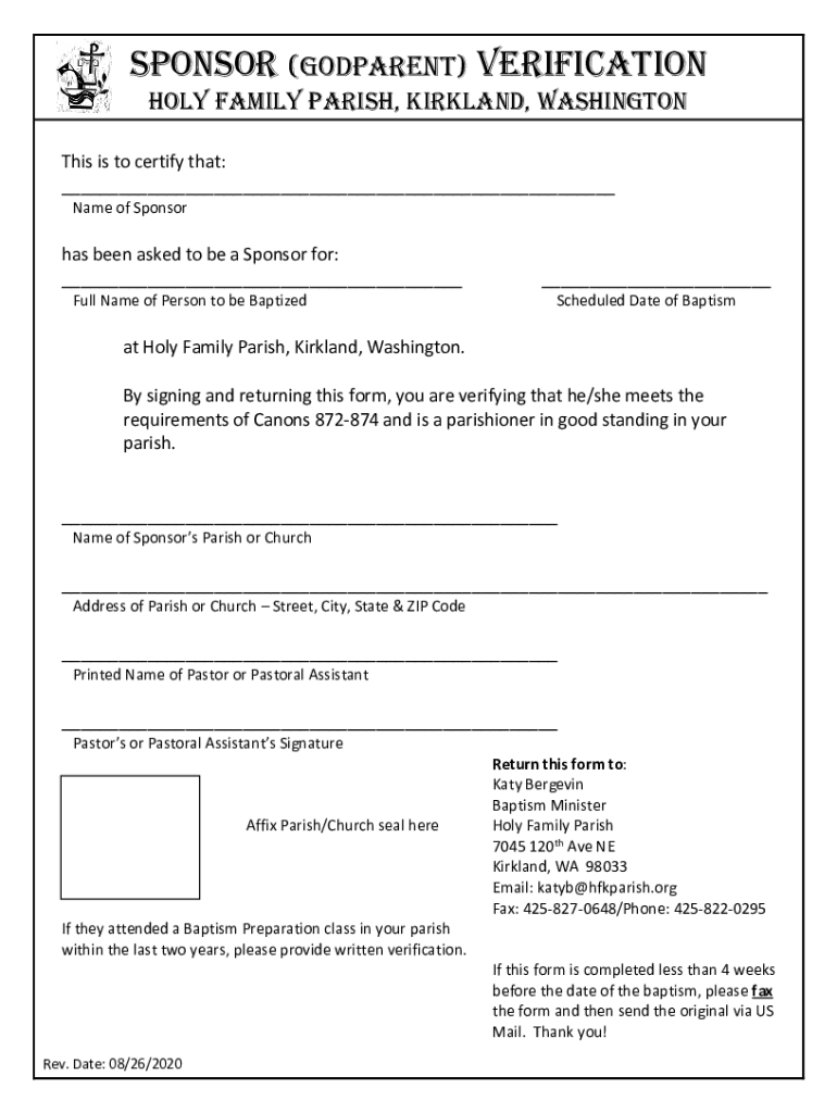 Fillable Online Fillable Online Sponsor Godparent bVerificationb ...