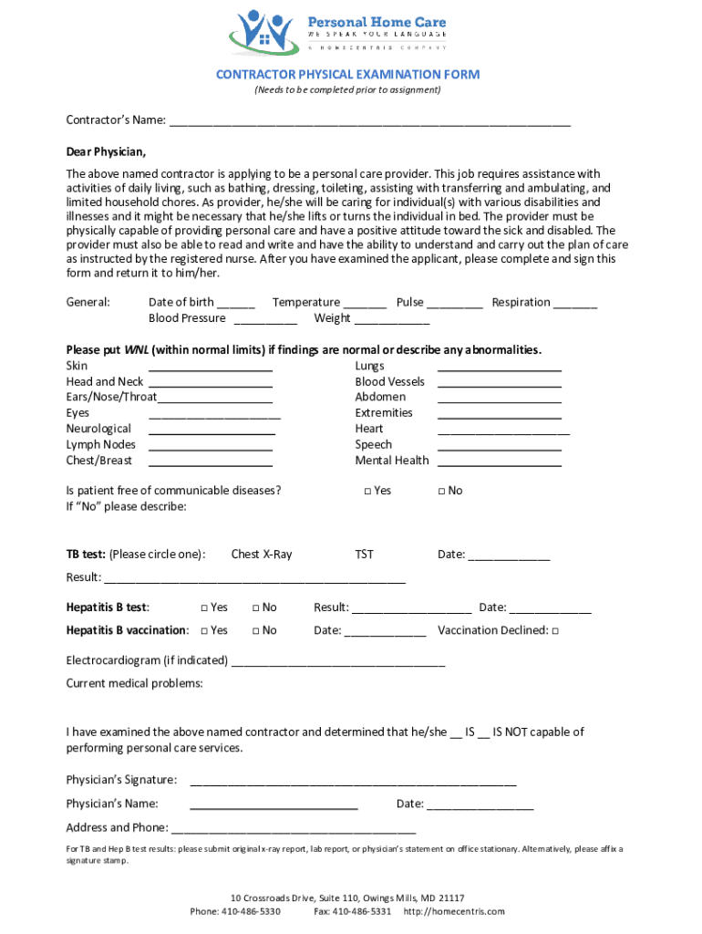 Fillable Online CONTRACTOR PHYSICAL EXAMINATION FORM Fax Email Print ...