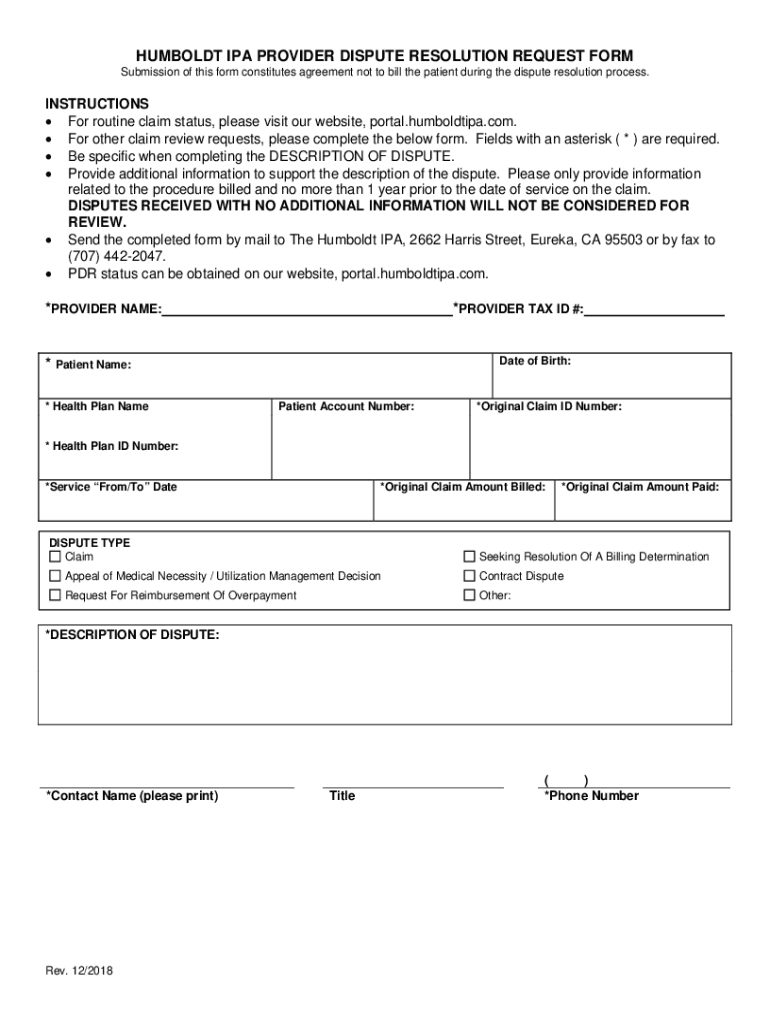 Fillable Online PROVIDER DISPUTE RESOLUTION REQUEST - Key Medical ...