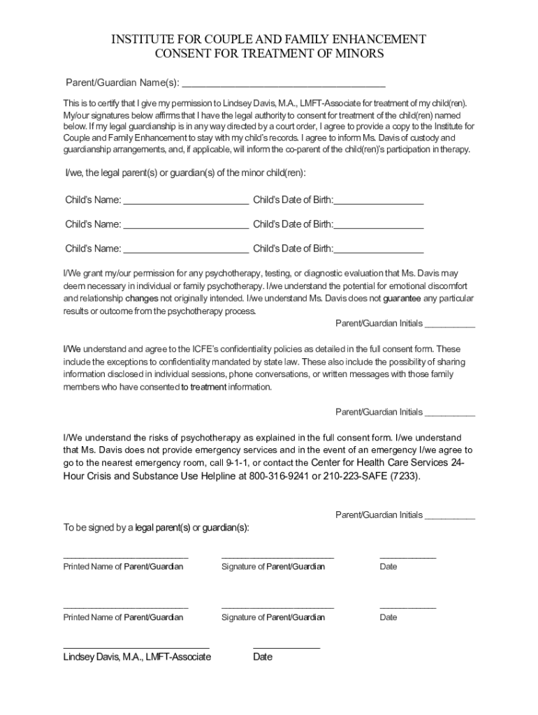 Fillable Online Lindsey Davis, M.S., LMFT-Associate Minor Consent Forms ...