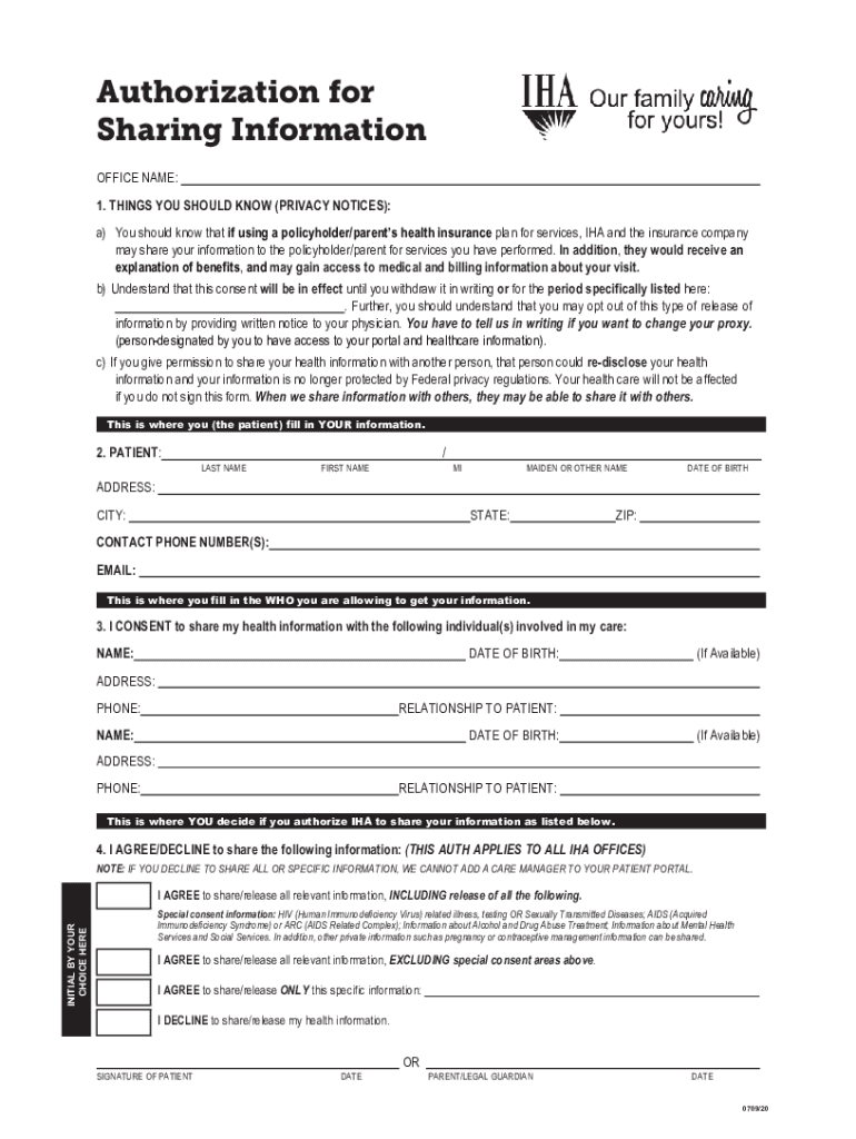 Fillable Online Authorization for Sharing Information - IHA - Leading ...