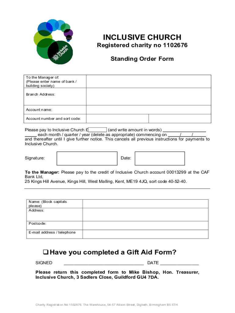 Fillable Online Inclusive Church Standing Order form Fax Email Print ...