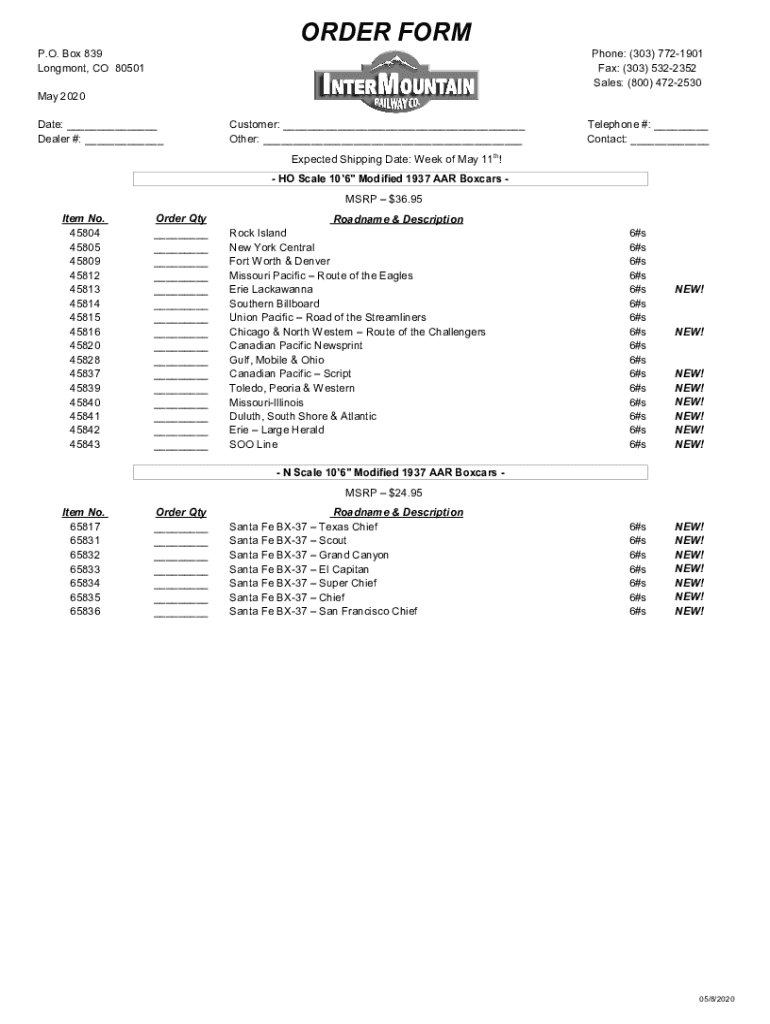 Fillable Online PDF ORDER FORM - InterMountain Railway Fax Email Print ...