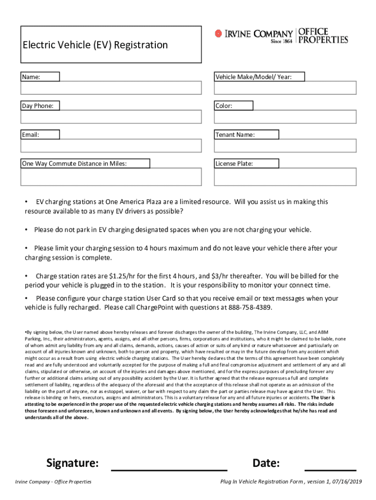 Fillable Online One America Plaza - EV Charging Form. EV Charging form ...