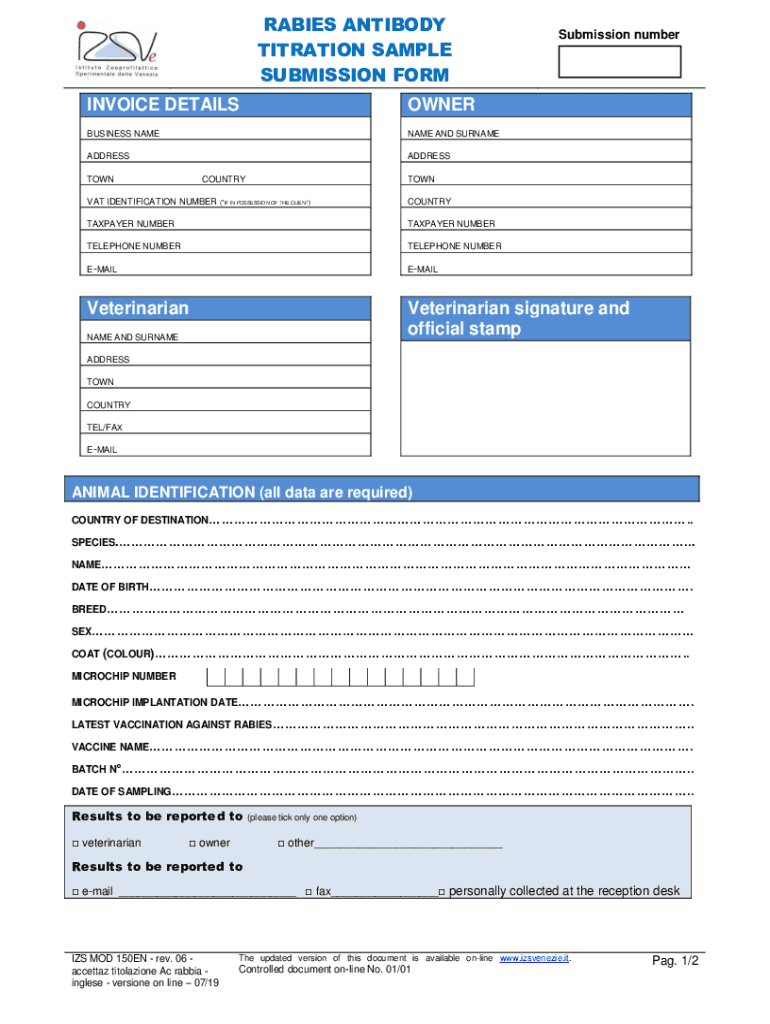 Fillable Online RABIES ANTIBODY TITRATION SAMPLE SUBMISSION FORM Fax ...