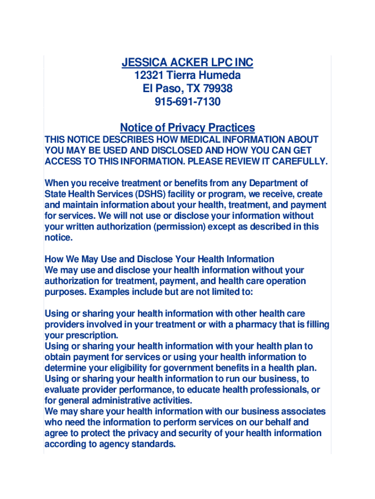 Fillable Online JESSICA ACKER LPC INC 12321 Tierra Humeda El Paso, TX ...
