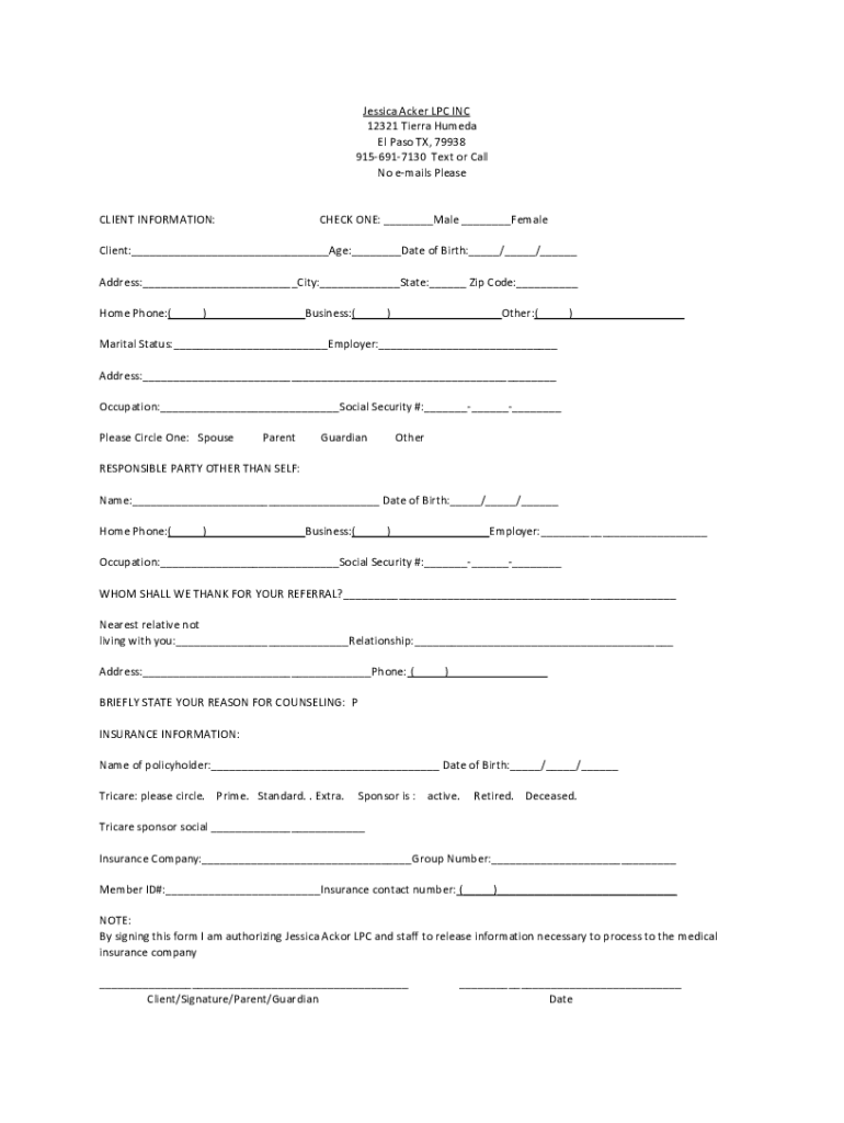 Fillable Online Jessica Acker LPC INC 12321 Tierra Humeda 915-691-7130 ...