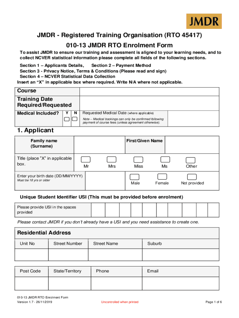 Fillable Online 010-13 JMDR RTO Enrolment Form Fax Email Print - pdfFiller