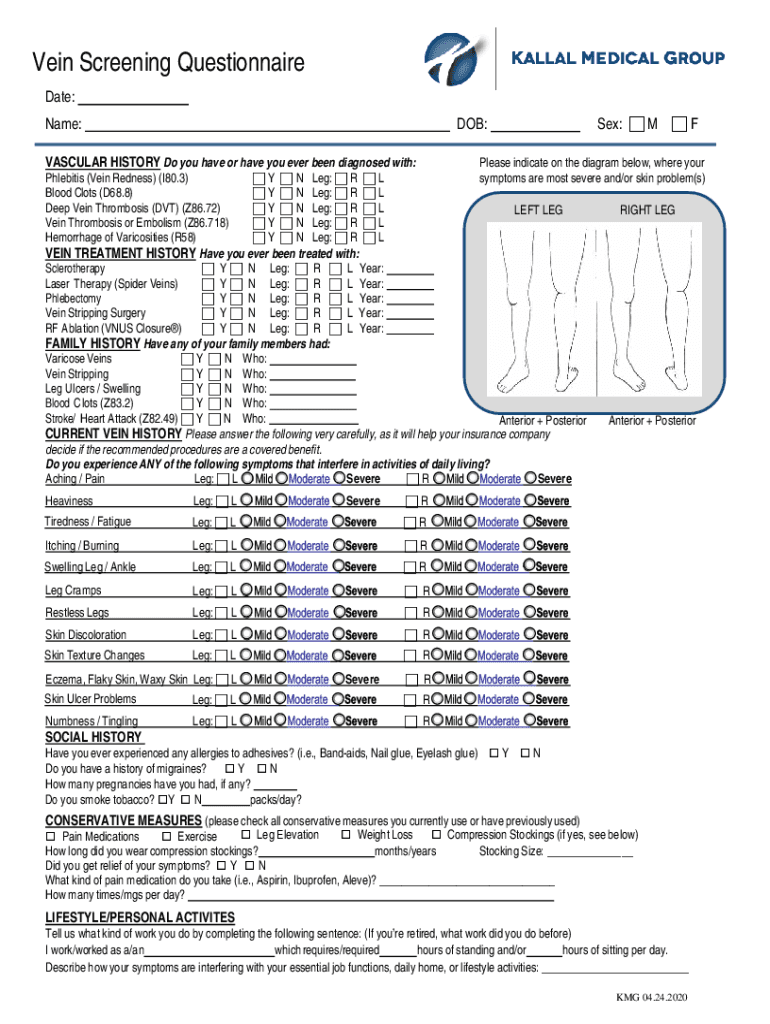 Fillable Online Vein Screening Questionnaire - Kallal Medical Group Fax ...