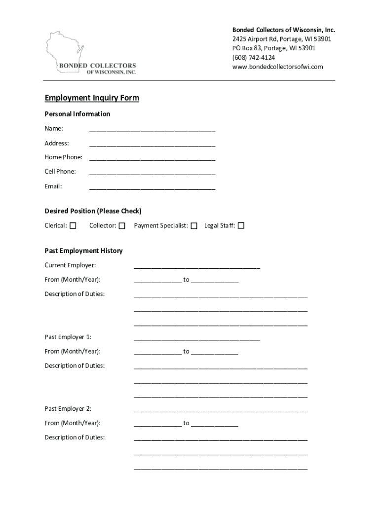 Fillable Online Employment Inquiry Form - mk0bondedcolleced7ls ...