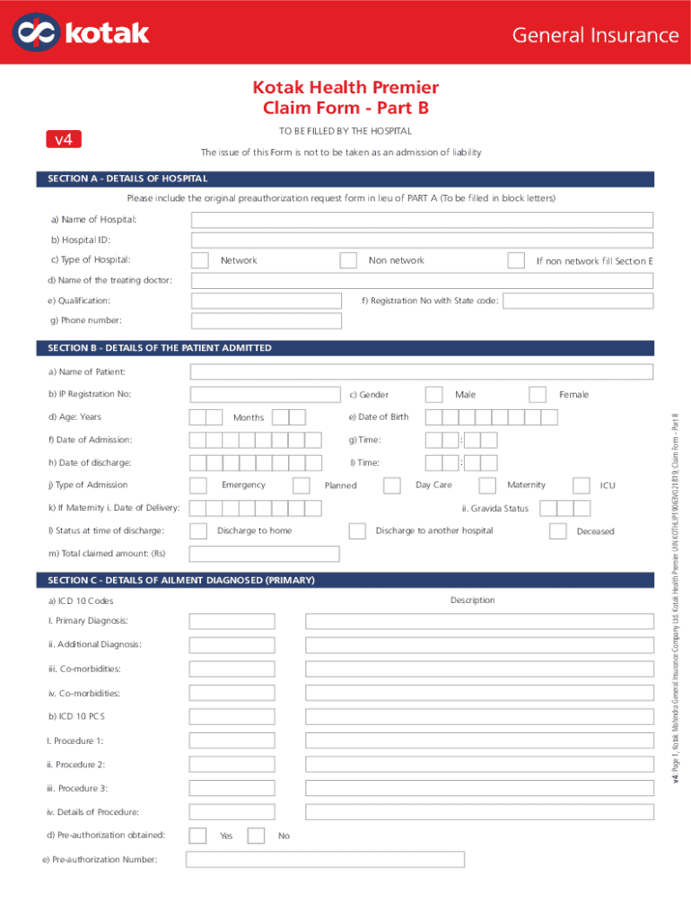 Fillable Online KOTAK HEALTH PREMIER - Claim Form - Part B.cdr Fax ...