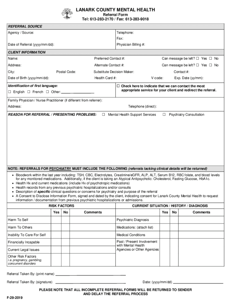 Fillable Online LANARK COUNTY MENTAL HEALTH Referral Form Tel: 613-283 ... Fax Email Print ...