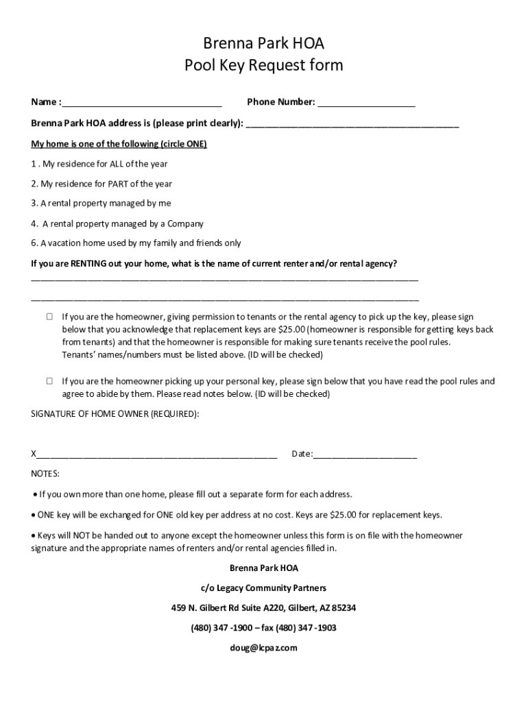 Fillable Online Brenna Park HOA Pool Key Request form Fax Email Print ...