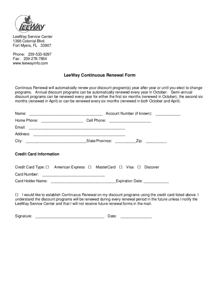 Fillable Online LeeWay Continuous Renewal Form Fax Email Print - pdfFiller
