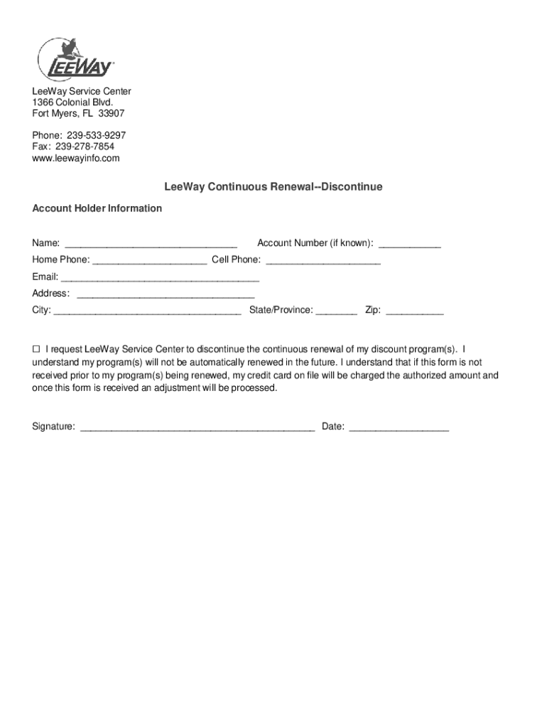 Fillable Online LeeWay Continuous Renewal Discontinue Form Fax Email ...