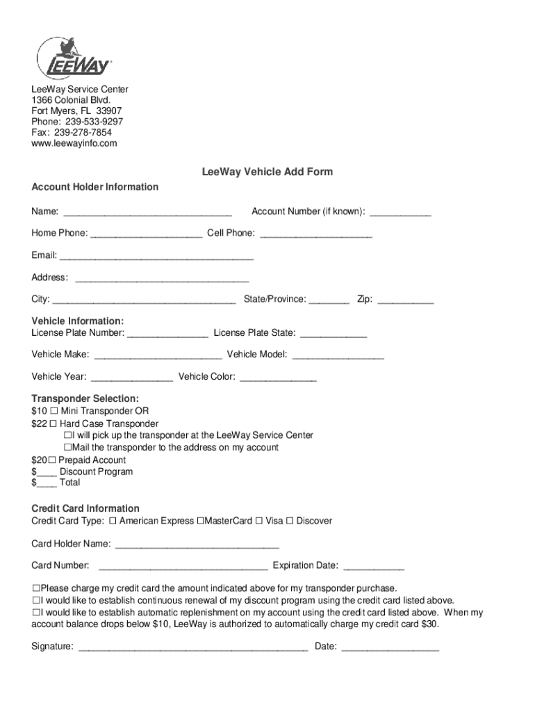 Fillable Online LeeWay Vehicle Add Form - leewayinfo.com Fax Email ...