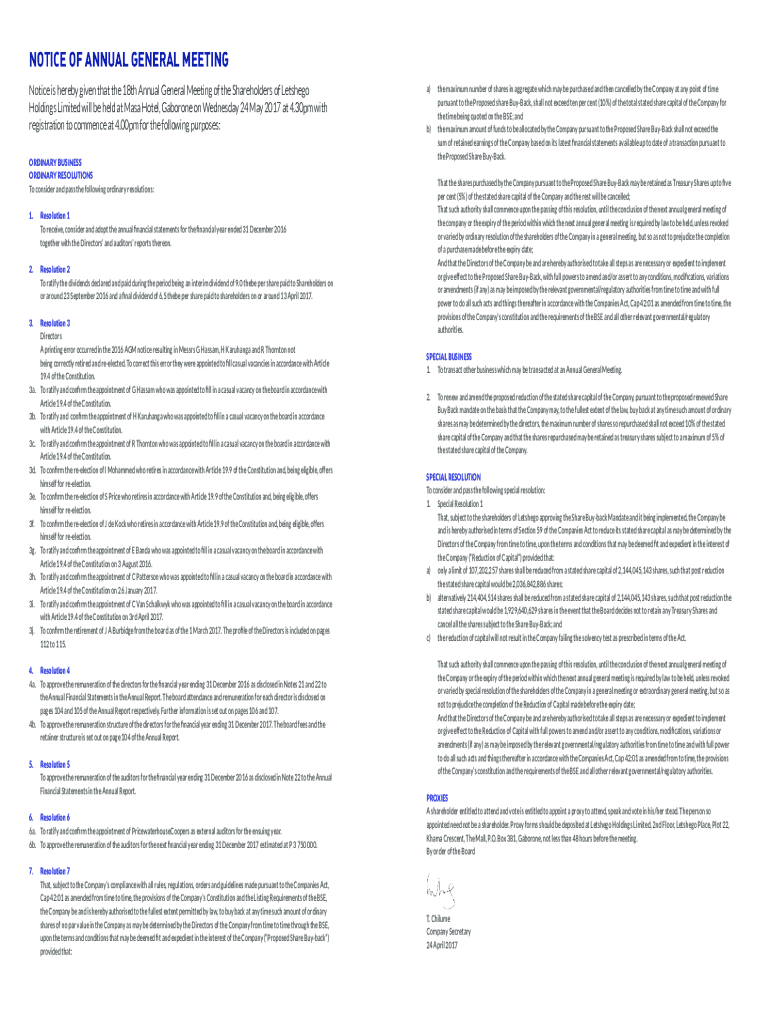 Fillable Online Format of Notice of Annual General Meeting (AGM) of ...