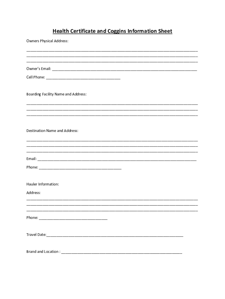 Fillable Online Health Certificate and Coggins Information Sheet Fax ...