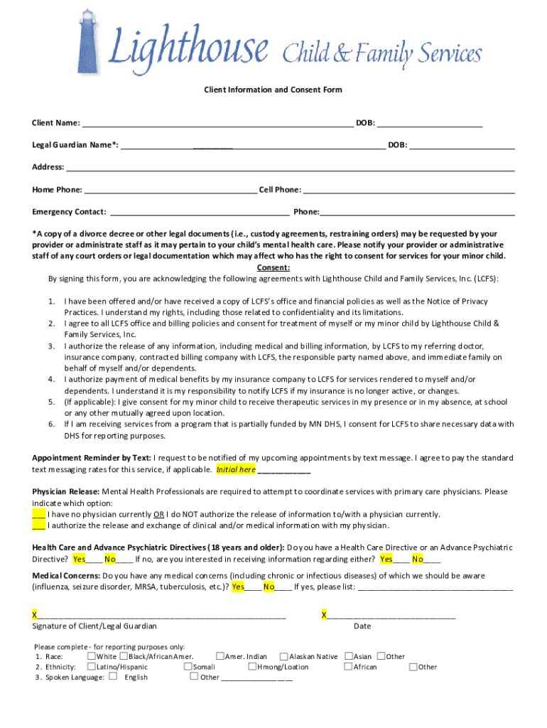 Fillable Online Client Information and Consent Form DOB: Cell Phone Fax ...