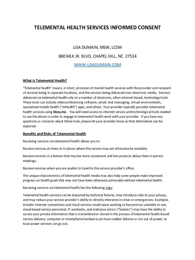 Fillable Online Telemental Health Informed ConsentTelemental Health ...