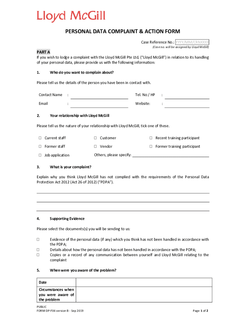 Fillable Online FORM DP-F06 - Personal Data Complaint & Action Form ...