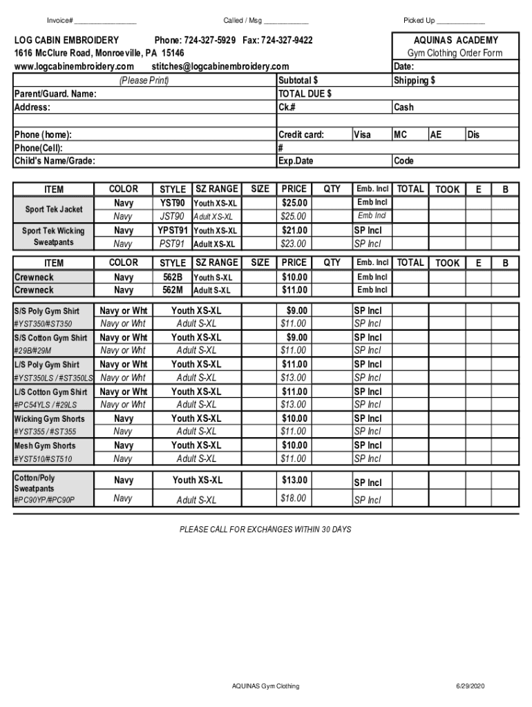 Fillable Online School Uniforms LCE - Log Cabin Embroidery Fax Email ...