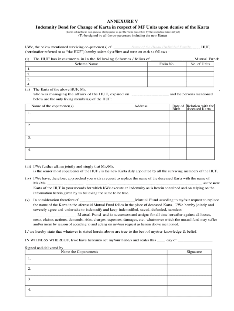 Fillable Online Annexure V INDEMNITY BOND Death Certificate Of Karta No. of ... Fax Email Print ...