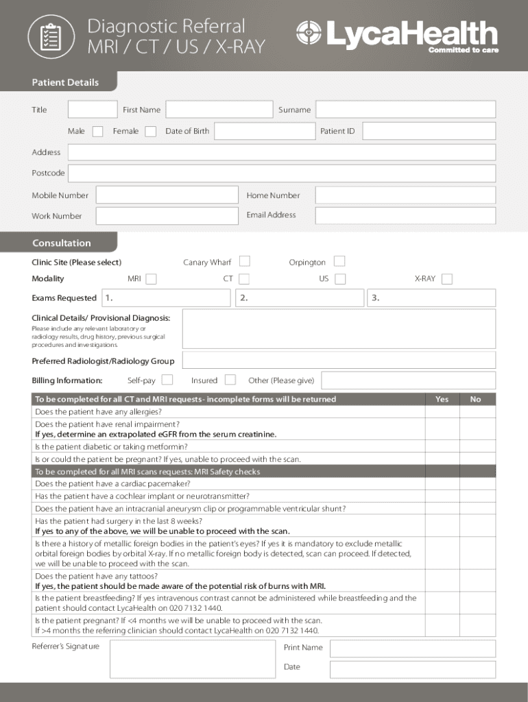 Fillable Online Diagnostic Referral MRI / CT / US / X-RAY Fax Email ...