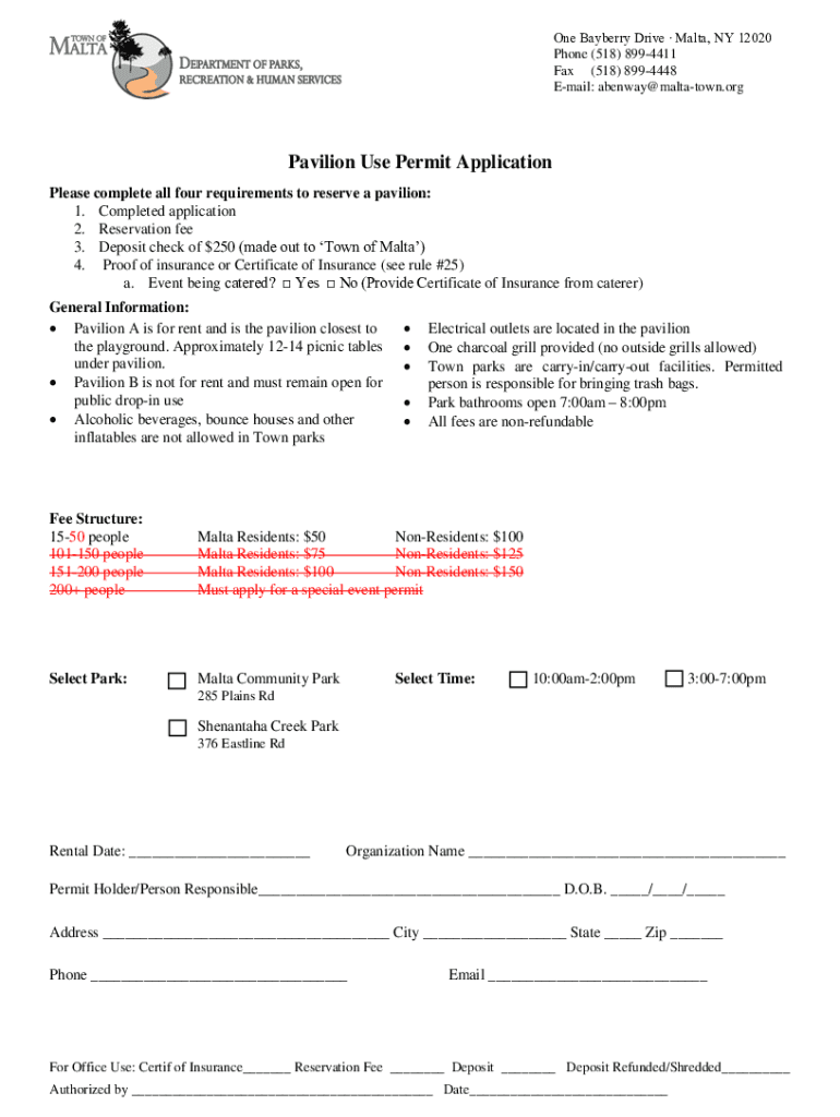 Fillable Online Pavilion Use Permit Application - maltaparksrec.com Fax ...