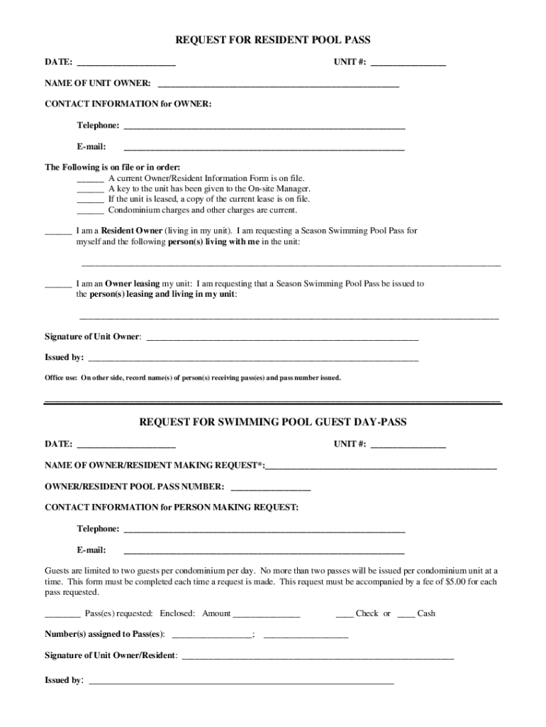 Fillable Online REQUEST FOR RESIDENT POOL PASS Fax Email Print - pdfFiller