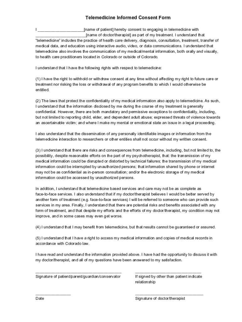 Fillable Online Telemedicine Informed Consent Form - Therapist Directory Fax Email Print - pdfFiller