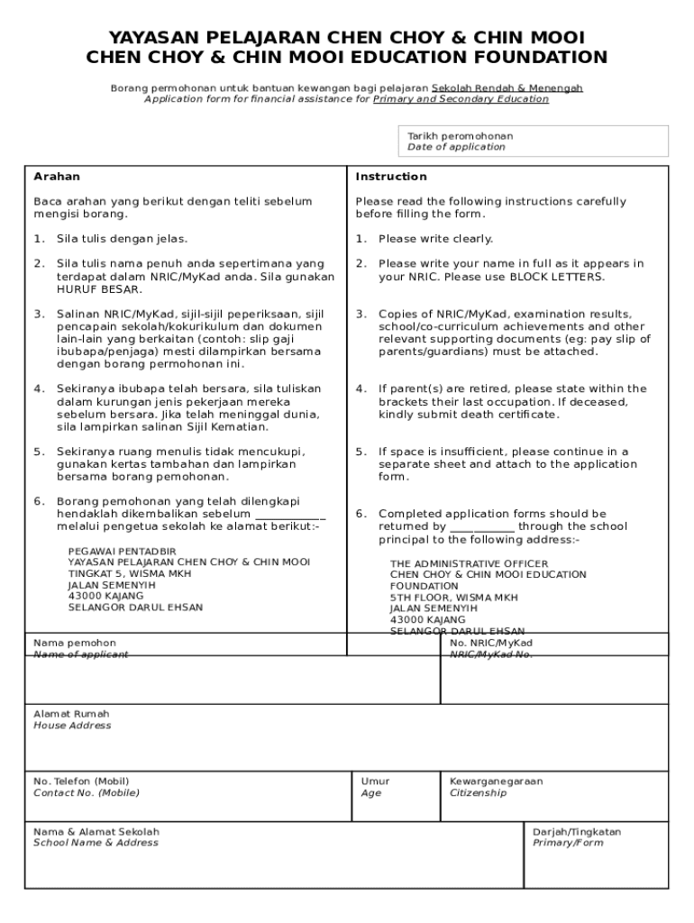 Fillable Online YAYASAN PELAJARAN CHEN CHOY & CHIN MOOI CHEN CHOY & CHIN MOOI ... Fax Email ...