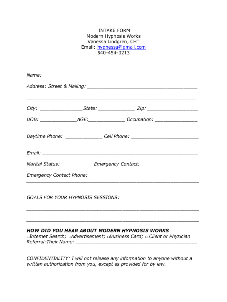 Fillable Online INTAKE FORM Modern Hypnosis Works Vanessa Lindgren, CHT ...