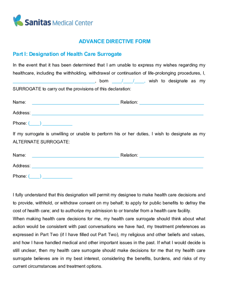 Fillable Online ADVANCE DIRECTIVE FORM Part I: Designation of Health ...